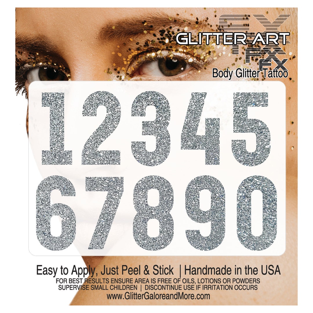 Temporary Tattoo Numbers, Number Stickers for Face in Silver Glitter ...