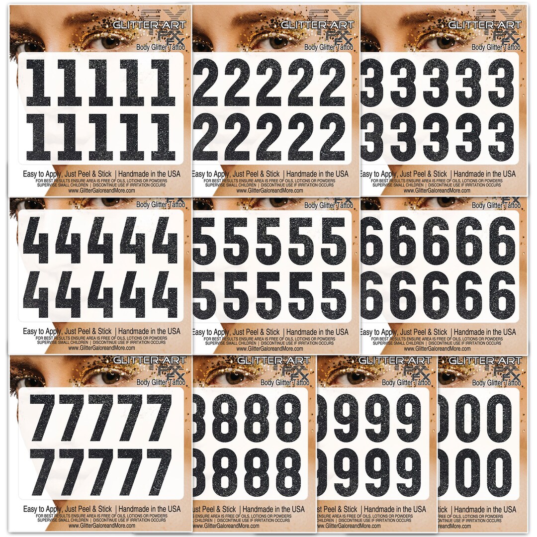 Number Face Tattoo Stickers in Black Glitter, Number Temporary Tattoo ...