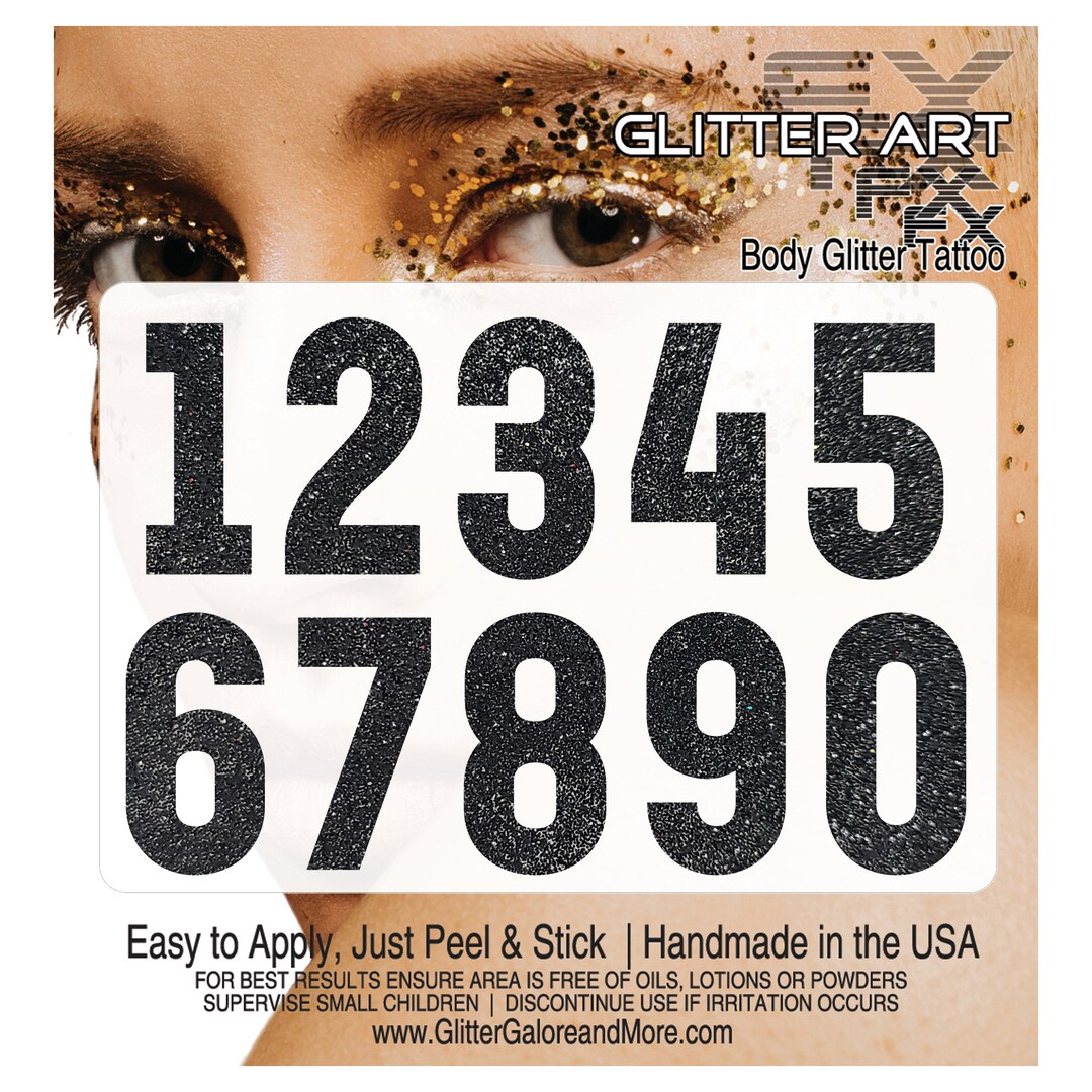 Number Face Tattoo Stickers in Black Glitter, Number Temporary Tattoo ...