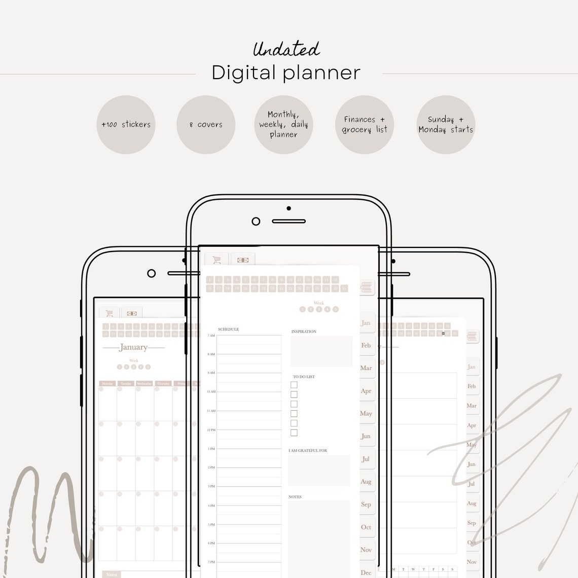 Undated Minimalistic Digital Planner for Smartphone With Digital ...