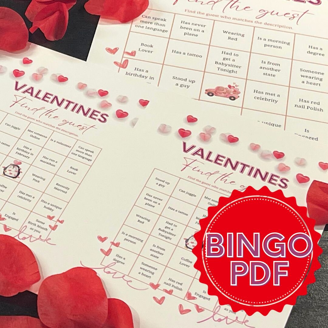 Valentines Day Bingo, Valentines Day Find the Guest Bingo, Party Game ...