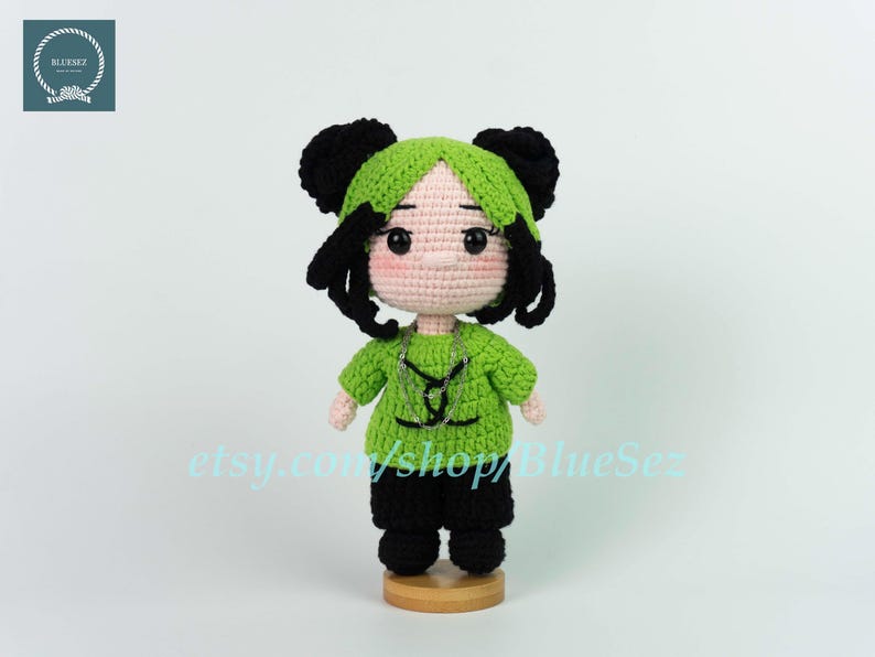 Handmade Billie Eilish Crochet Doll With Green Outfit, Unique Singer ...