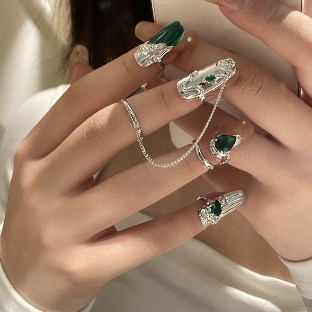 Emerald Nail Ring Set, Chain Finger Ring, Fingertip Ring, Open Chain ...