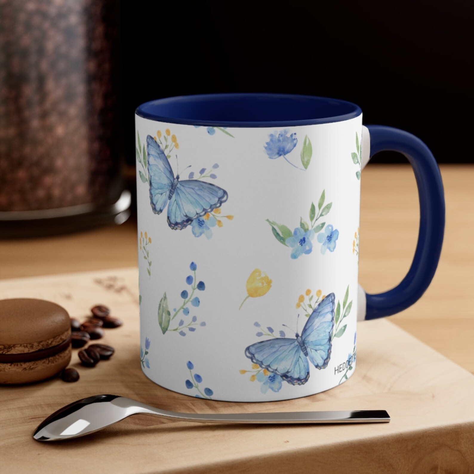 BUTTERFLY Ceramic Coffee MUG, Blue or Navy Accents, Butterfly Nature ...