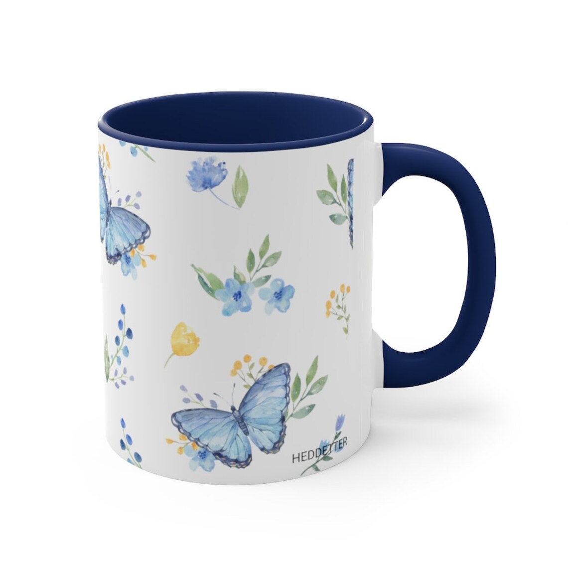 BUTTERFLY Ceramic Coffee MUG, Blue or Navy Accents, Butterfly Nature ...