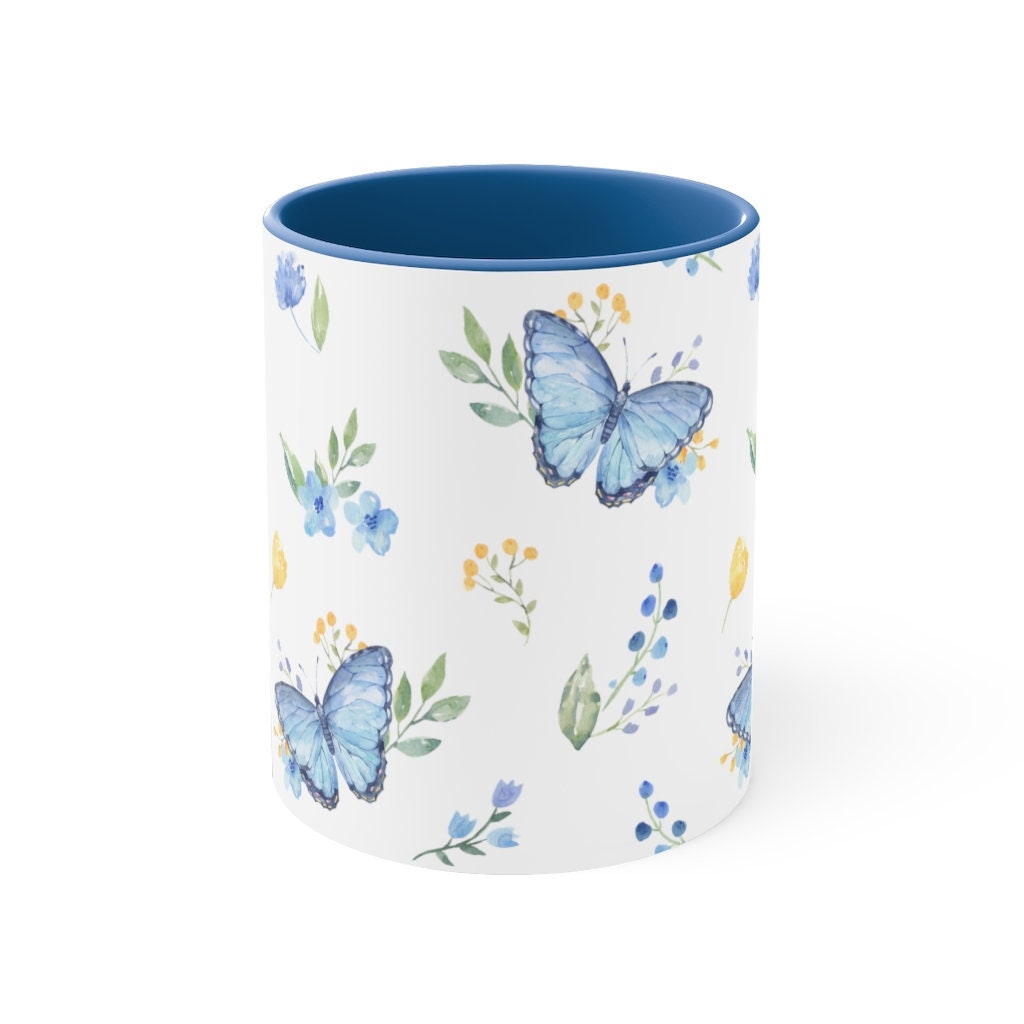 BUTTERFLY Ceramic Coffee MUG, Blue or Navy Accents, Butterfly Nature ...