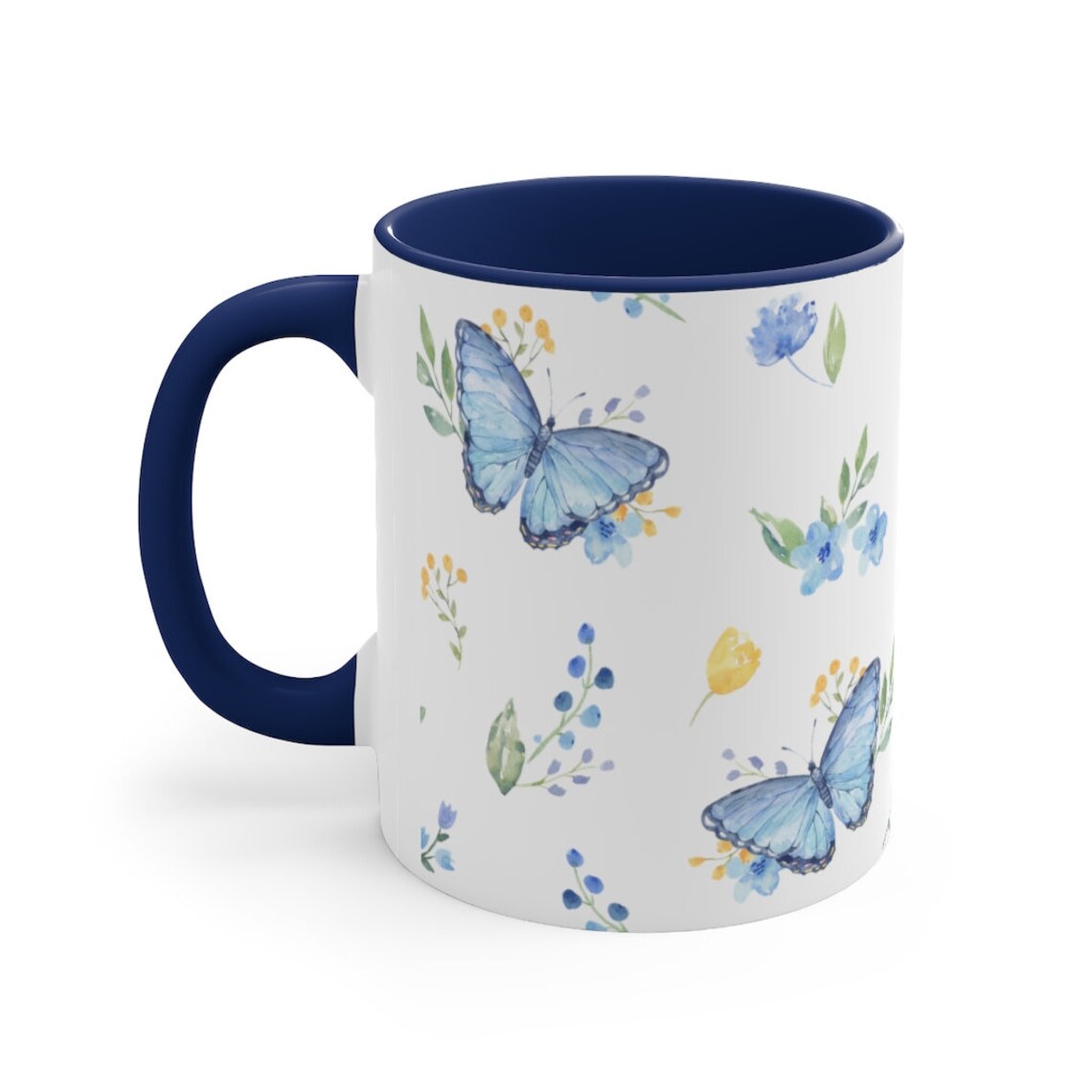 BUTTERFLY Ceramic Coffee MUG, Blue or Navy Accents, Butterfly Nature ...