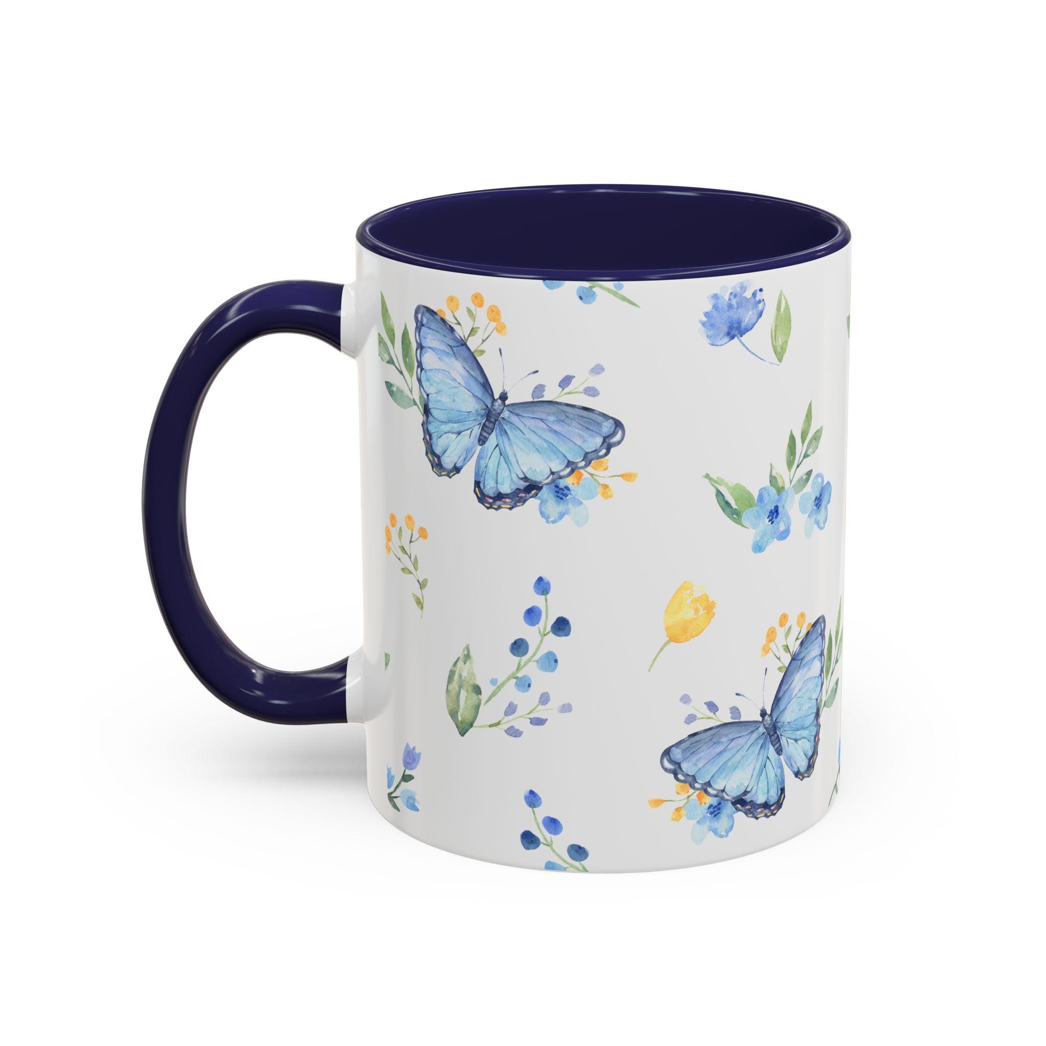 BUTTERFLY Ceramic Coffee MUG, Blue or Navy Accents, Butterfly Nature ...