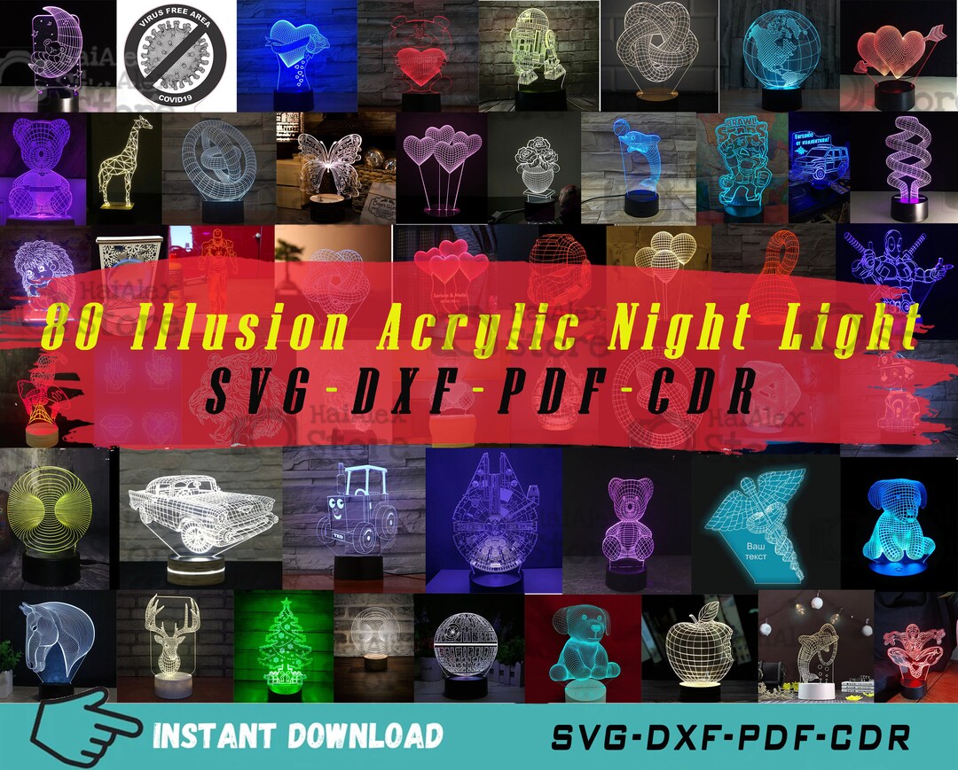80pcs arquivos svg de luz noturna acrílica ilusão para corte a laser ...