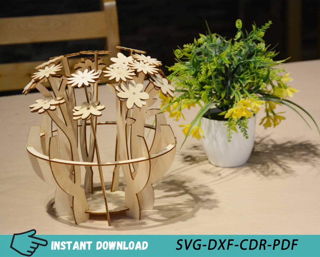 Wood Flower Decor Laser Cut File, Daisy Flower and Pot Template, Flower ...