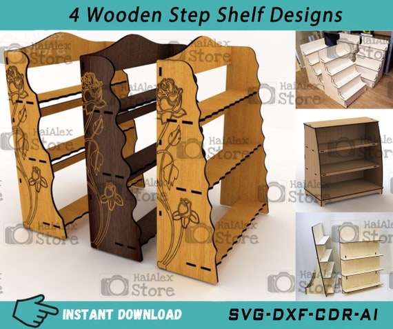 4 Wooden Step Shelf Svg Files for Laser Cut Wooden Display - Etsy