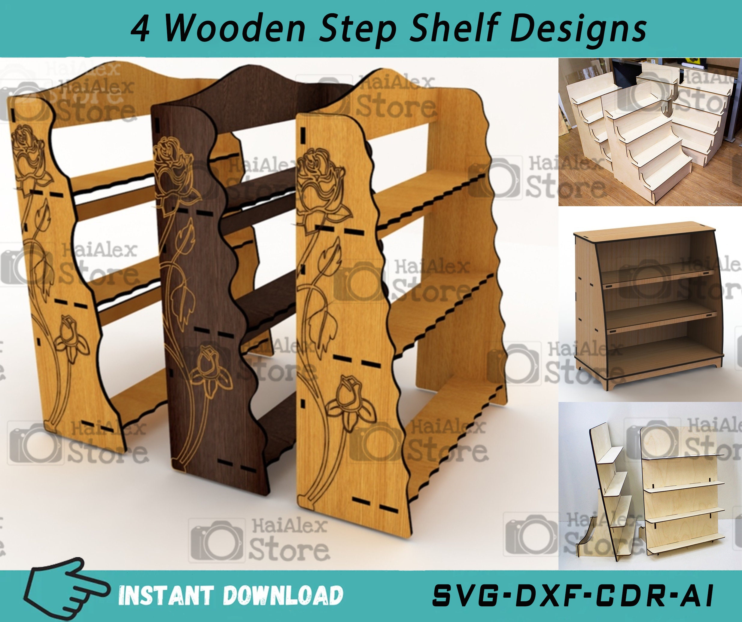 4 Wooden Step Shelf Svg Files for Laser Cut Wooden Display - Etsy