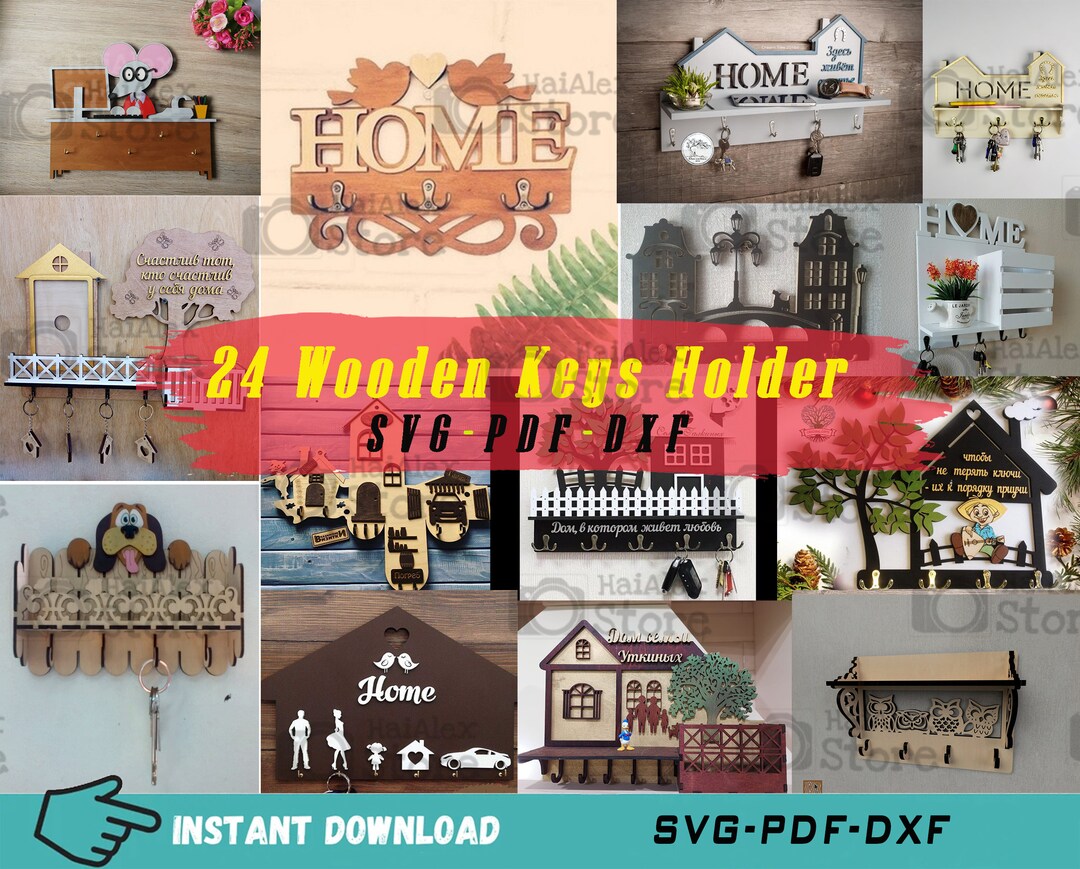 24 Wooden Keys Holder Laser Cut SVG, Key Holder Hangers SVG Files ...