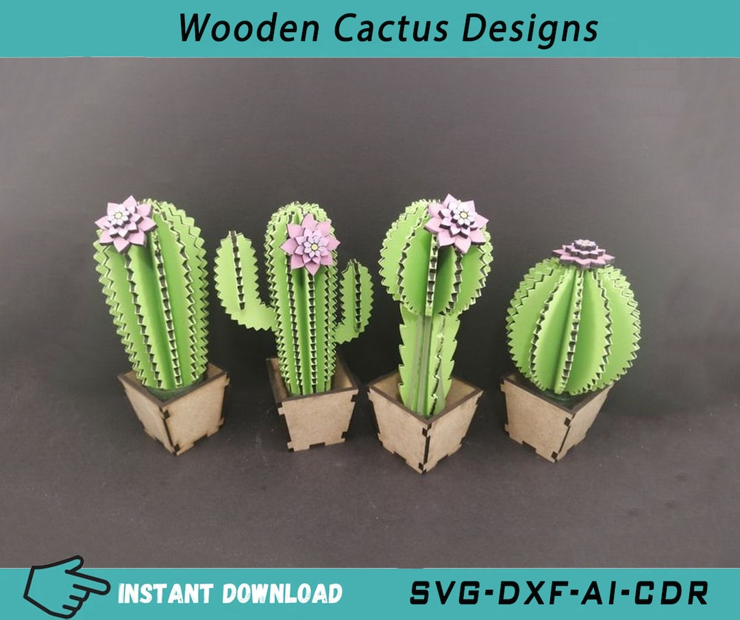 Wooden Cactus Svg Files for Laser Cut, Wood Cactus in Pots Svg, Cactus ...