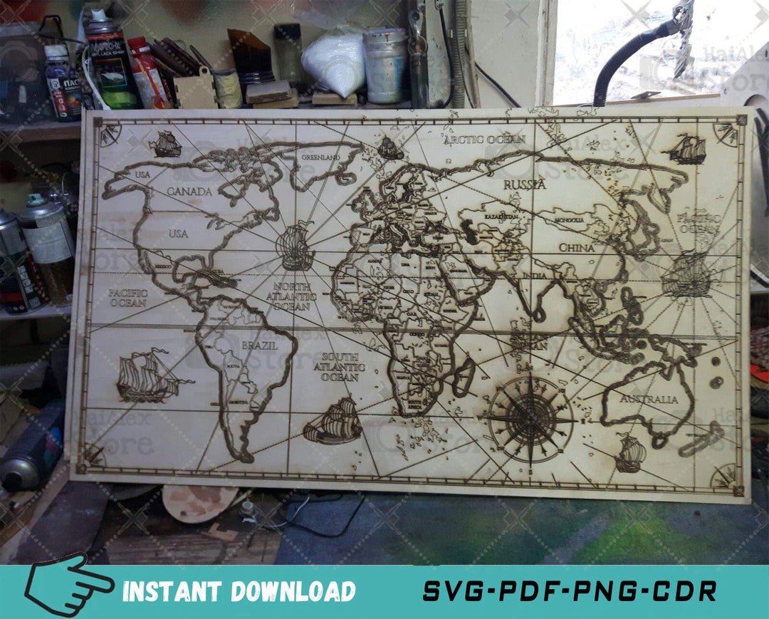 Laser Engraved World Map Svg Files, World Map Template, World Map Svg ...