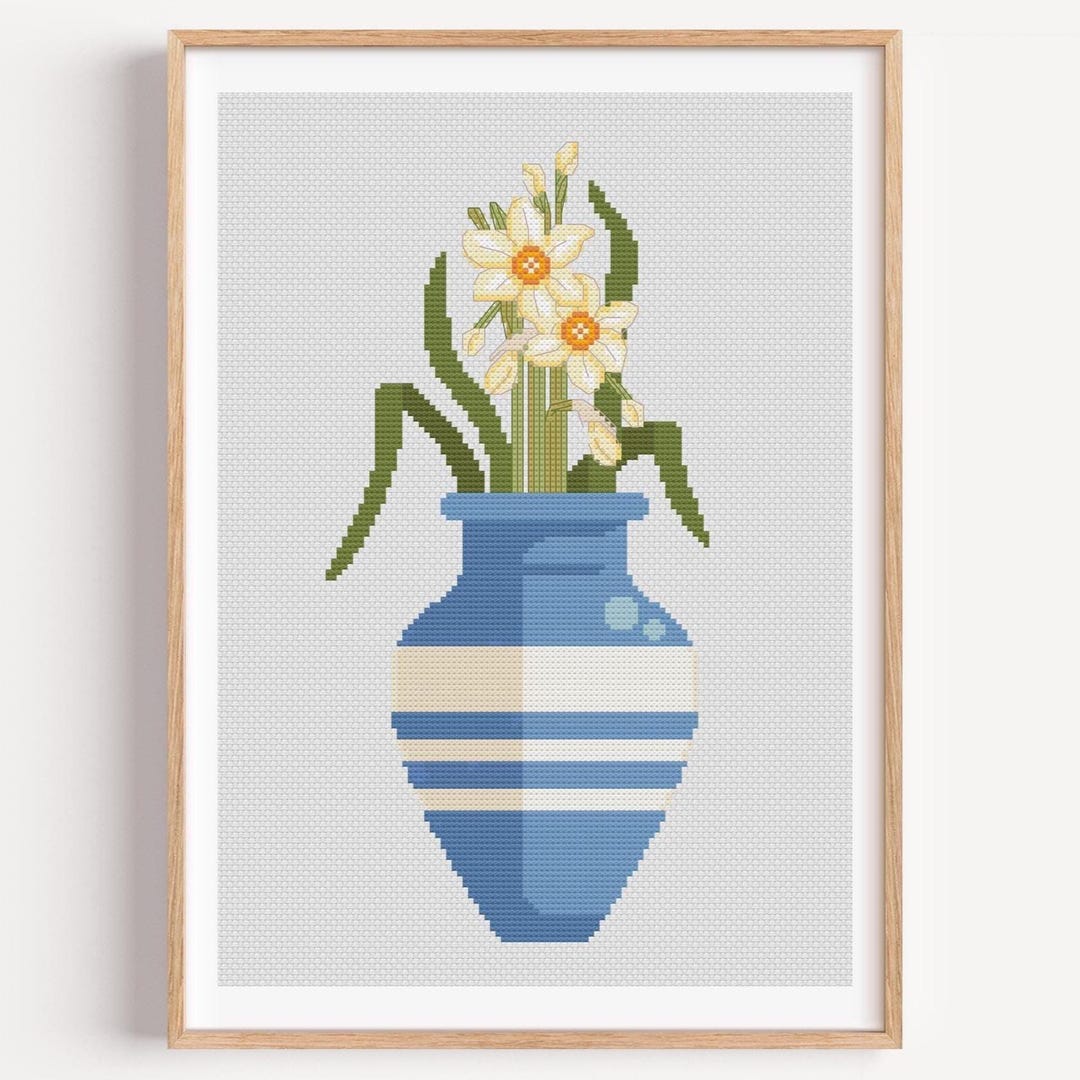 Daffodils Cross Stitch Pattern, Blue Vase Flower Still Life (PDF ...