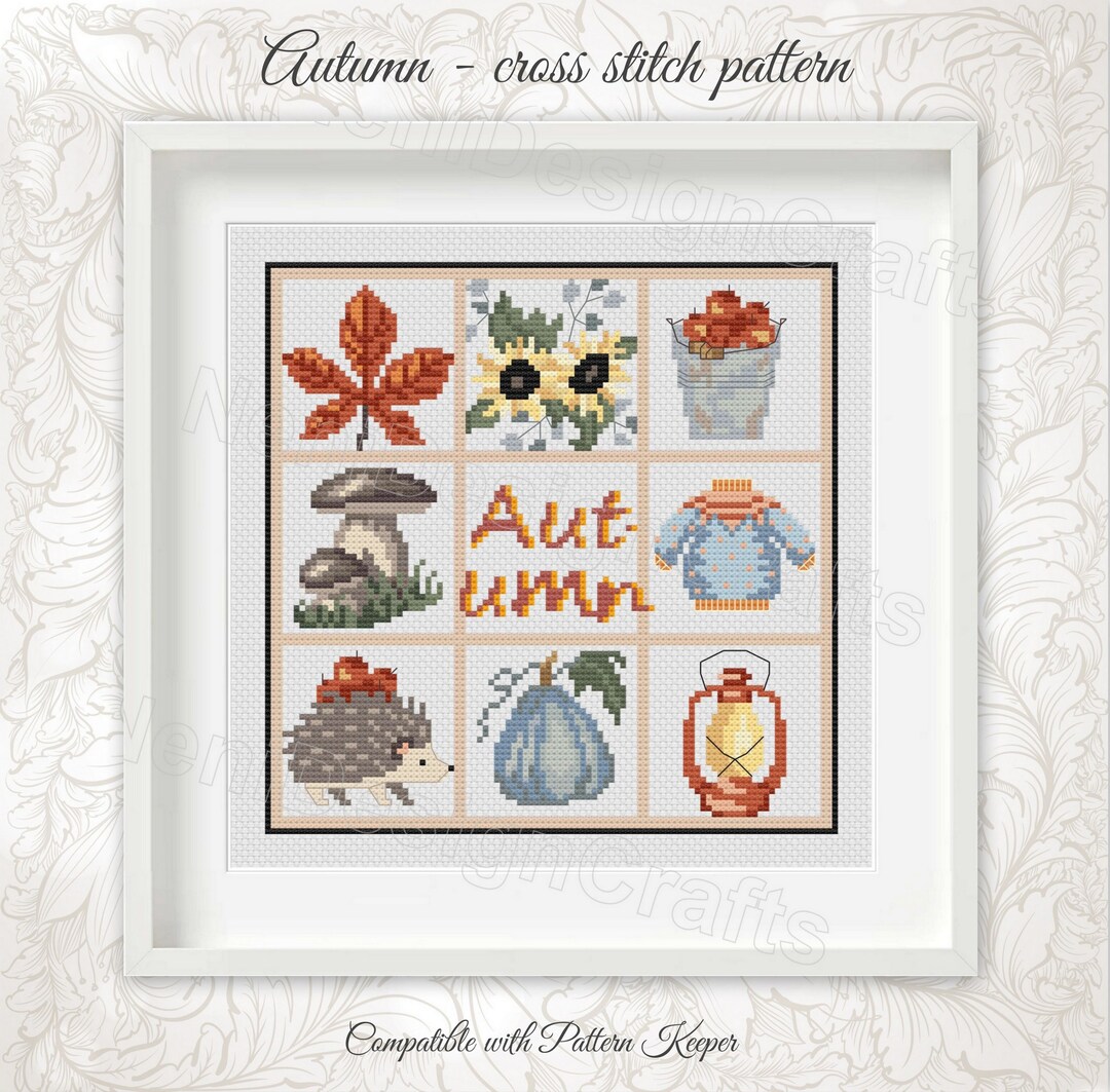 Autumn Cross Stitch Pattern Seasons Cross Stitch Autumn Leaf Hedgehog ...