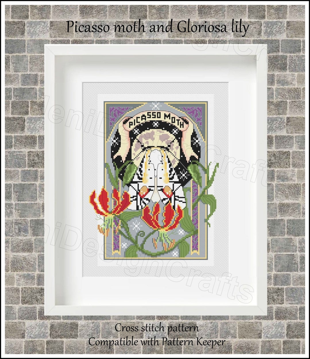 Picasso Moth and Gloriosa Lily Cross Stitch Pattern Mucha Style Moon ...