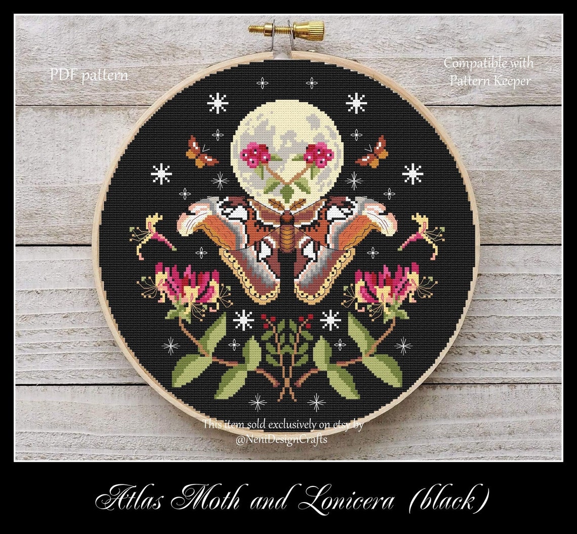 Atlas Moth and Lonicera 2 Cross Stitch Pattern Moth Cross Stitch Moon ...