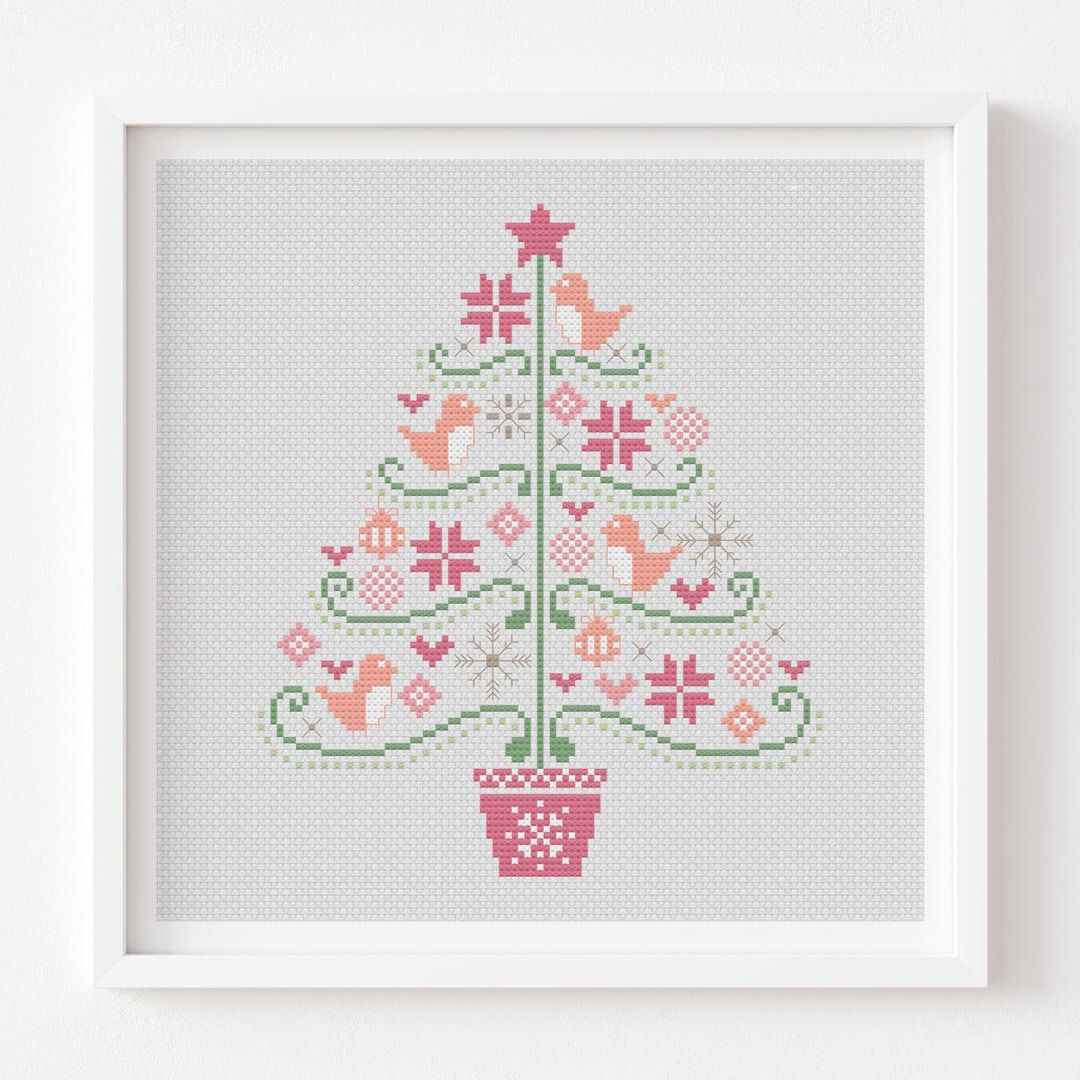 Padrão de ponto cruz de árvore de Natal, bordado folclórico, tema natalino rosa (padrão em PDF ...