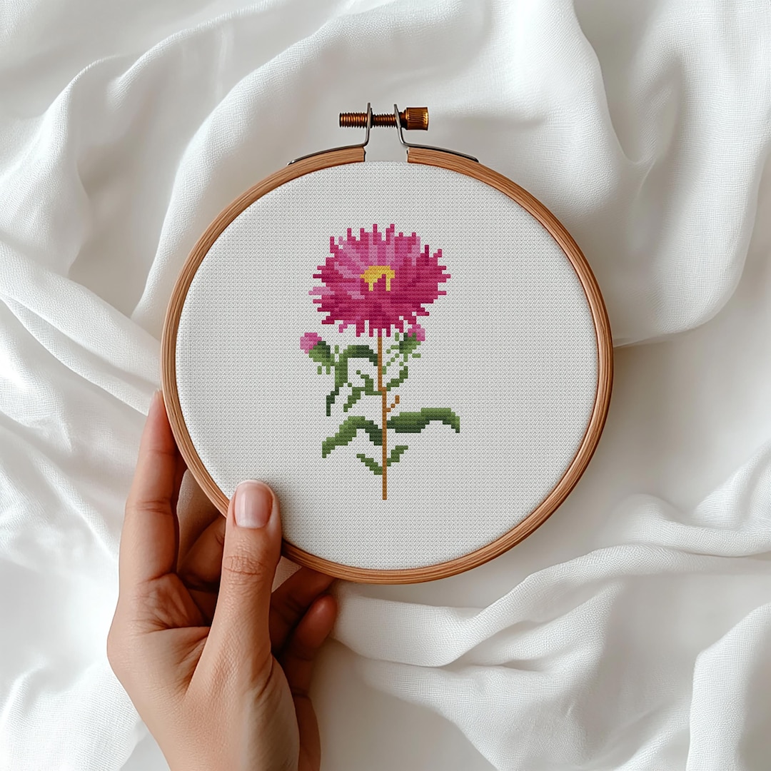 Pink Aster Cross Stitch Pattern, Modern Floral Embroidery (PDF Pattern ...