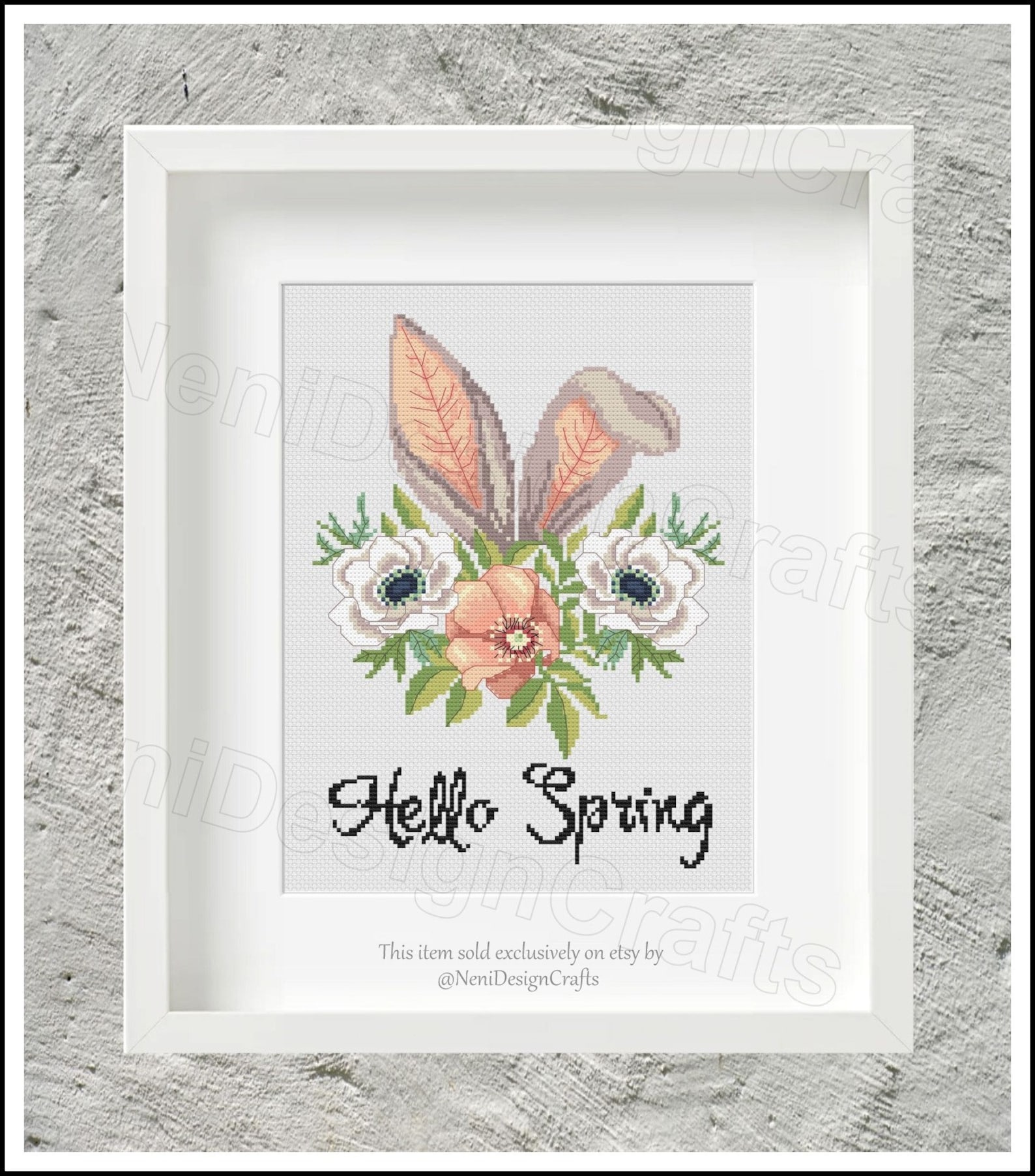 Hello Spring Cross Stitch Pattern, Floral Bunny Ears (PDF Pattern) - Etsy