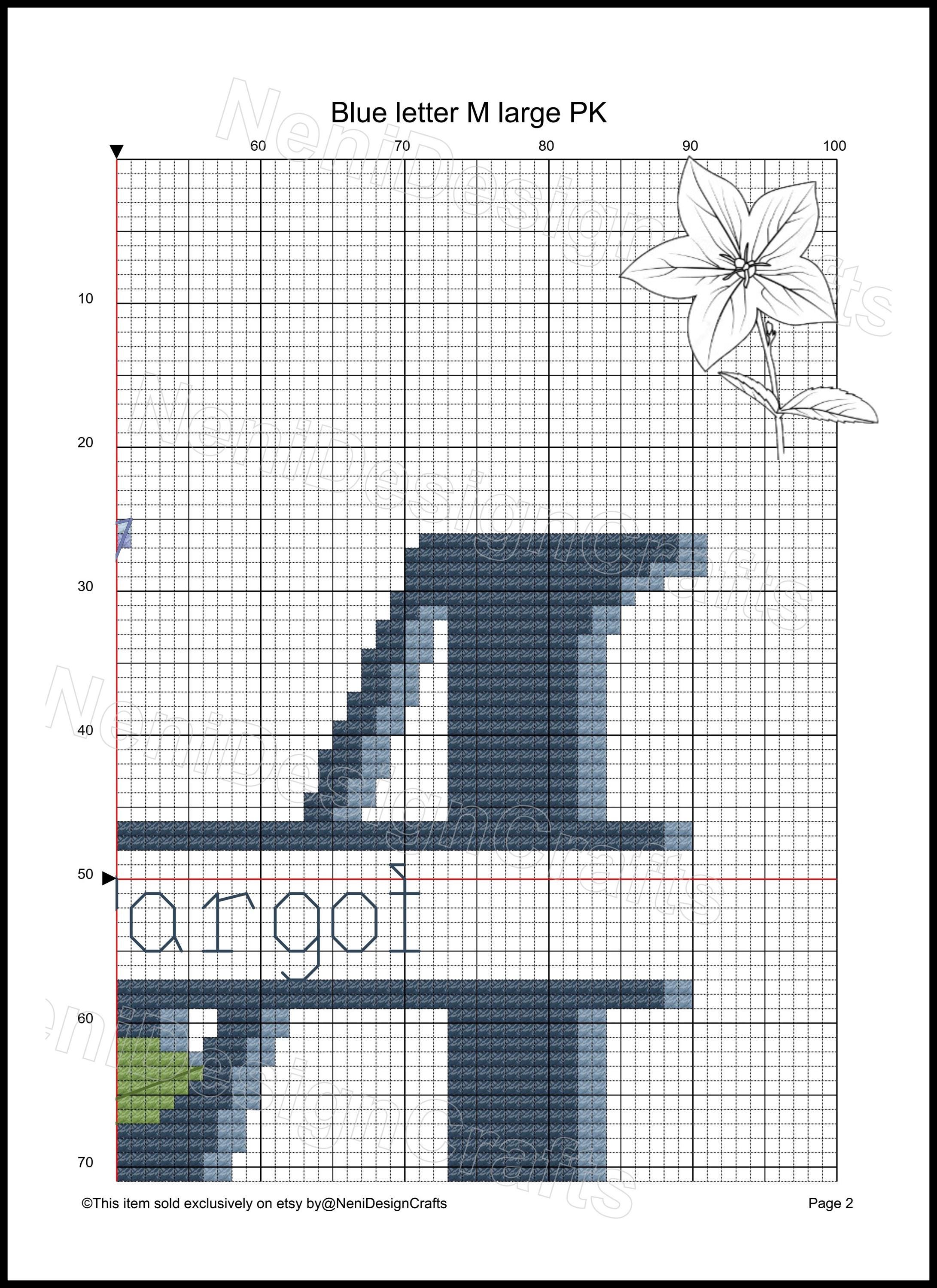 Floral Letter M Cross Stitch Pattern: Alphabet Monogram, Blue Flower ...