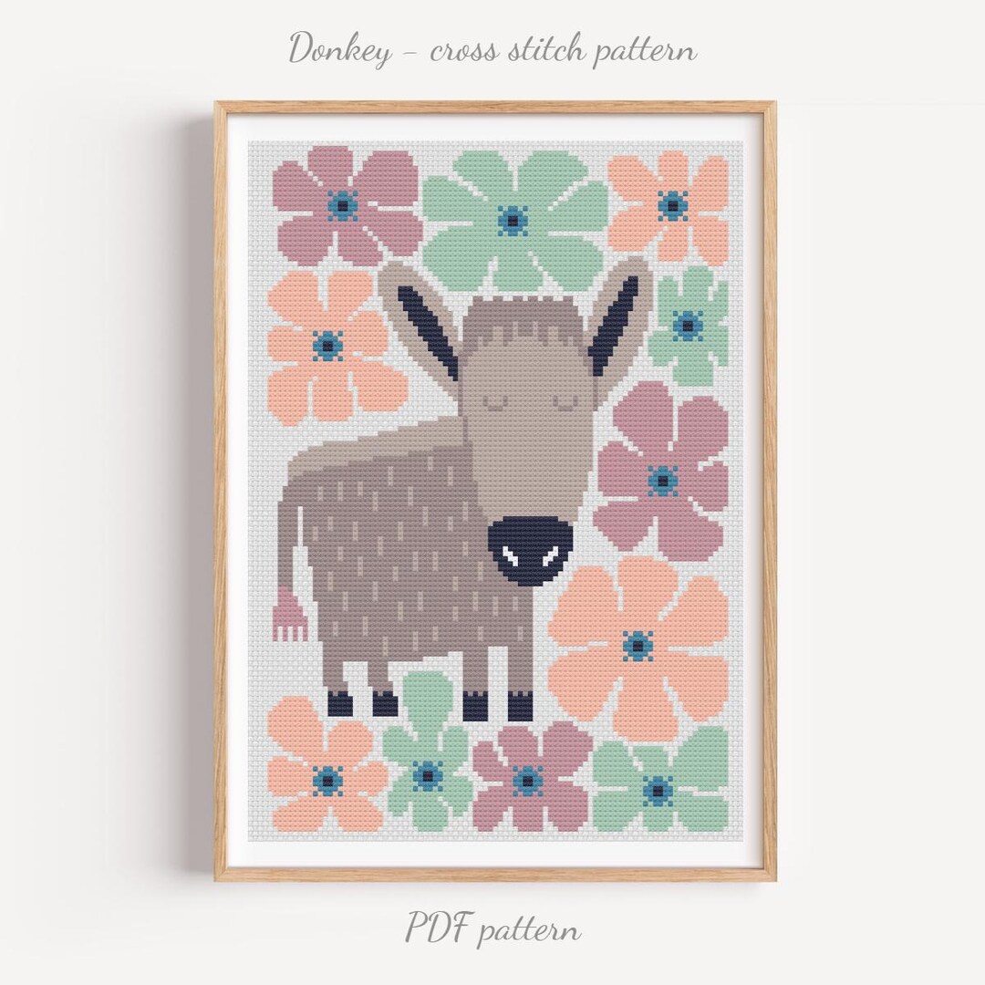 Donkey Cross Stitch Pattern, Modern Floral Animal (instant Download PDF ...