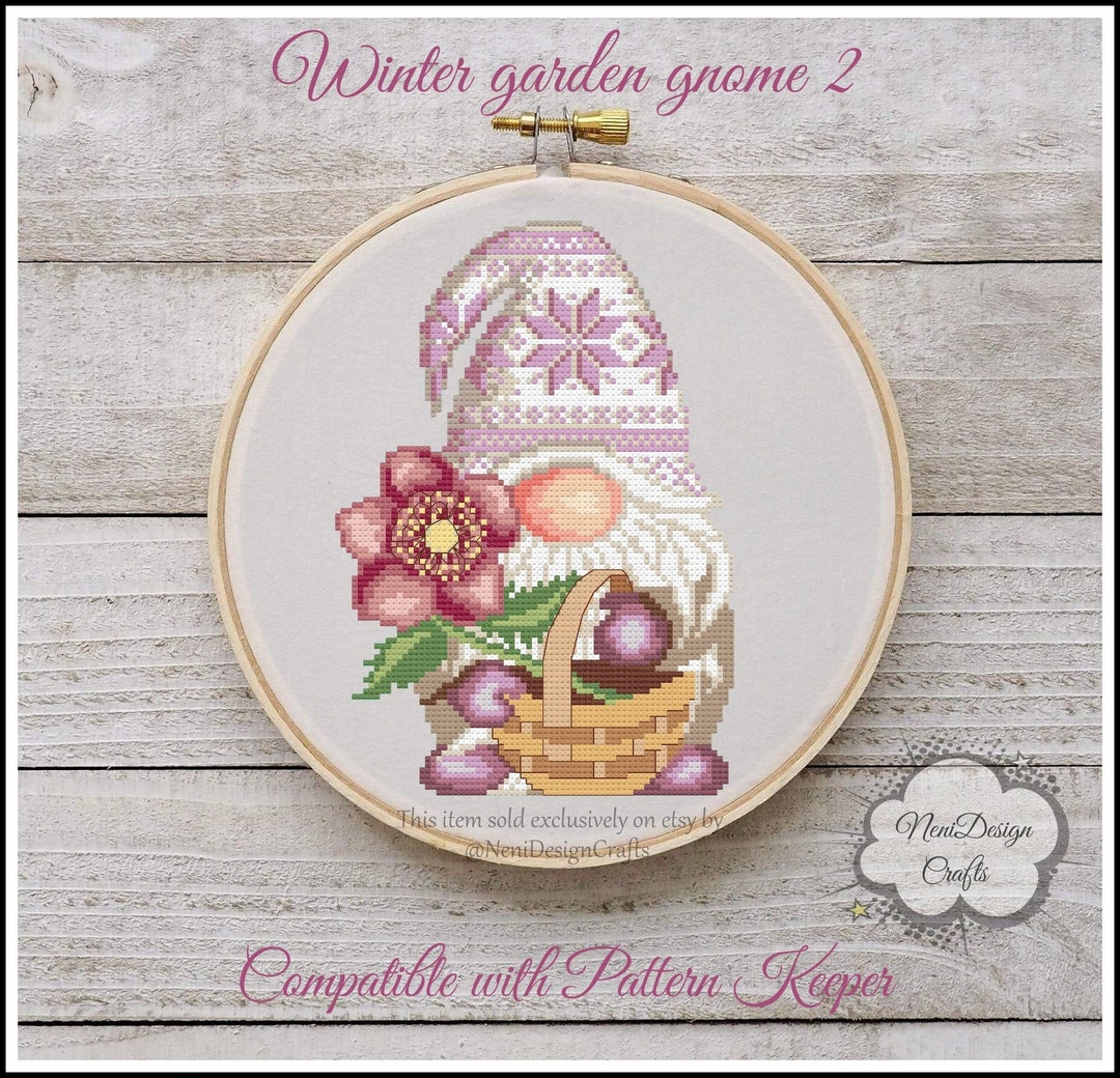 Gnomo de jardín de invierno 2 Patrón de punto de cruz Gnomo en punto de cruz Hellebore Lindo ...