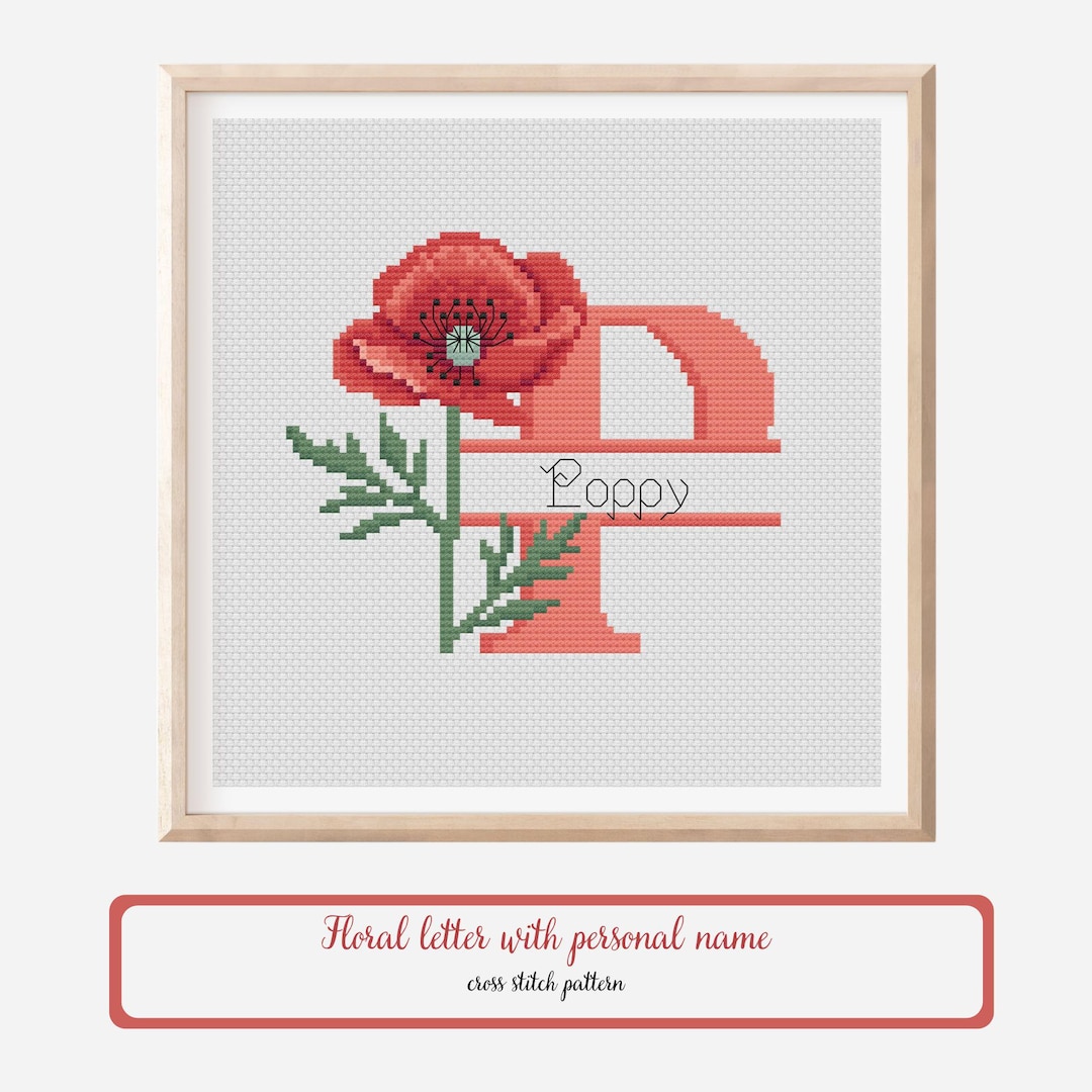 Floral Letters Cross Stitch: Poppy Flowers, Only P Letter, Modern ...