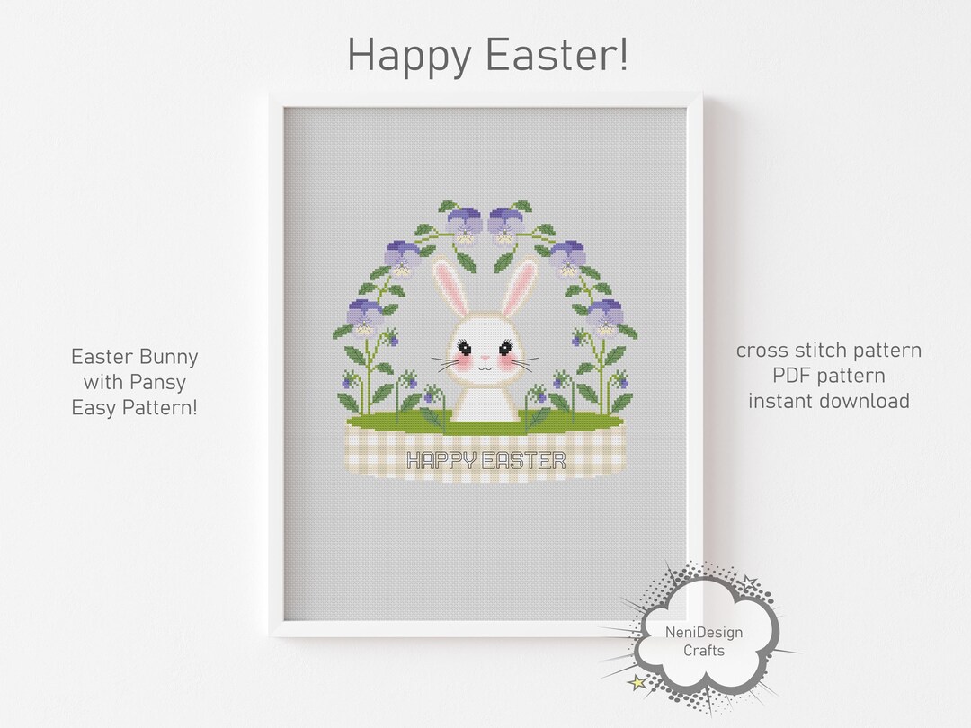Easter Bunny Pansy Cross Stitch Pattern Easter Decoration Spring Rabbit ...