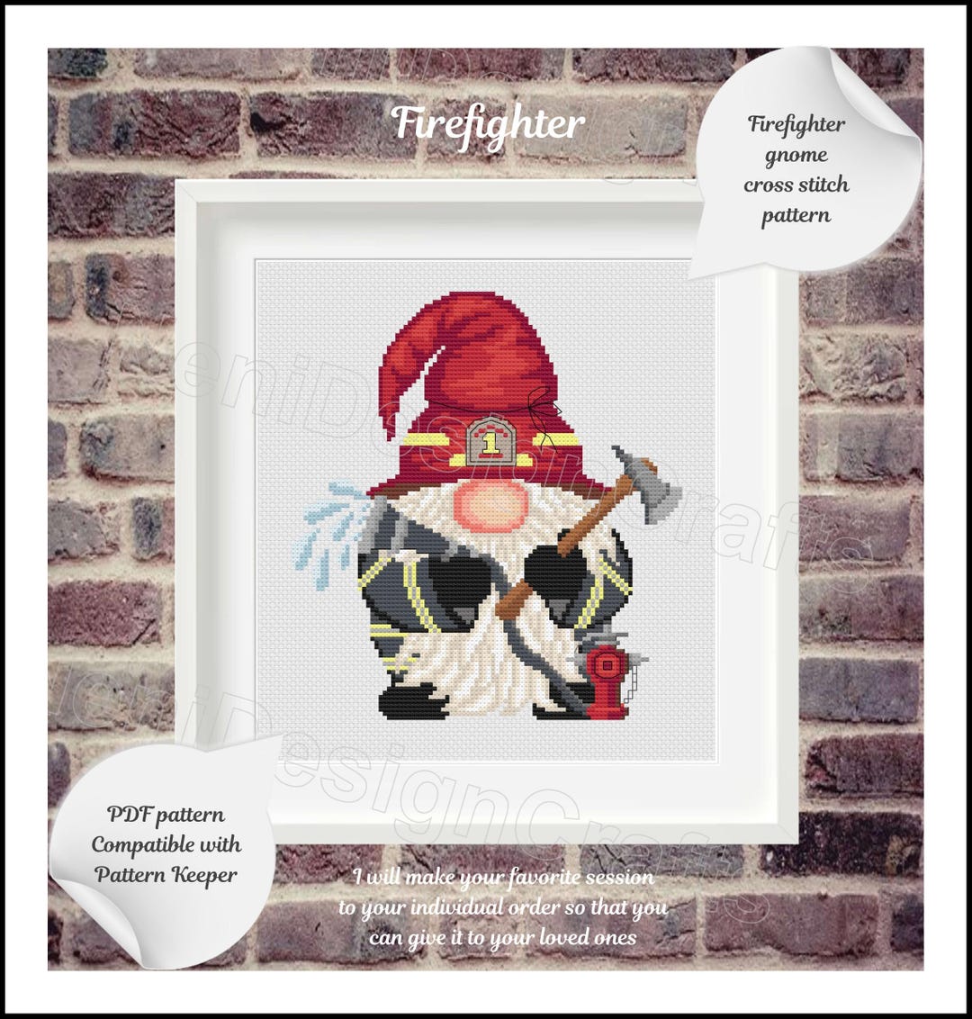 Firefighter Gnome Cross Stitch Pattern (PDF Pattern) - Etsy