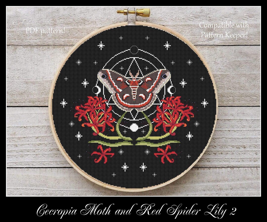 Cecropia Moth and Red Spider Lily Black Cross Stitch Pattern Moth Cross ...
