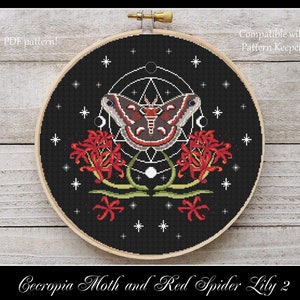 Cecropia Moth and Red Spider Lily Black Cross Stitch Pattern Moth Cross ...