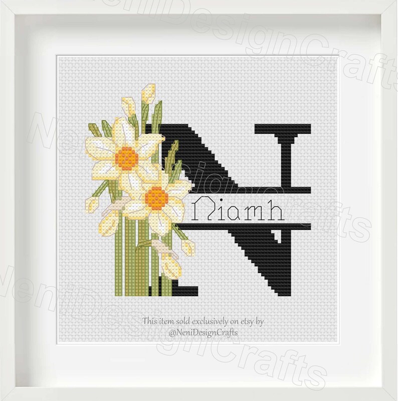 Letter N Cross Stitch Pattern: Narcissus Flower, Initial Alphabet (PDF ...