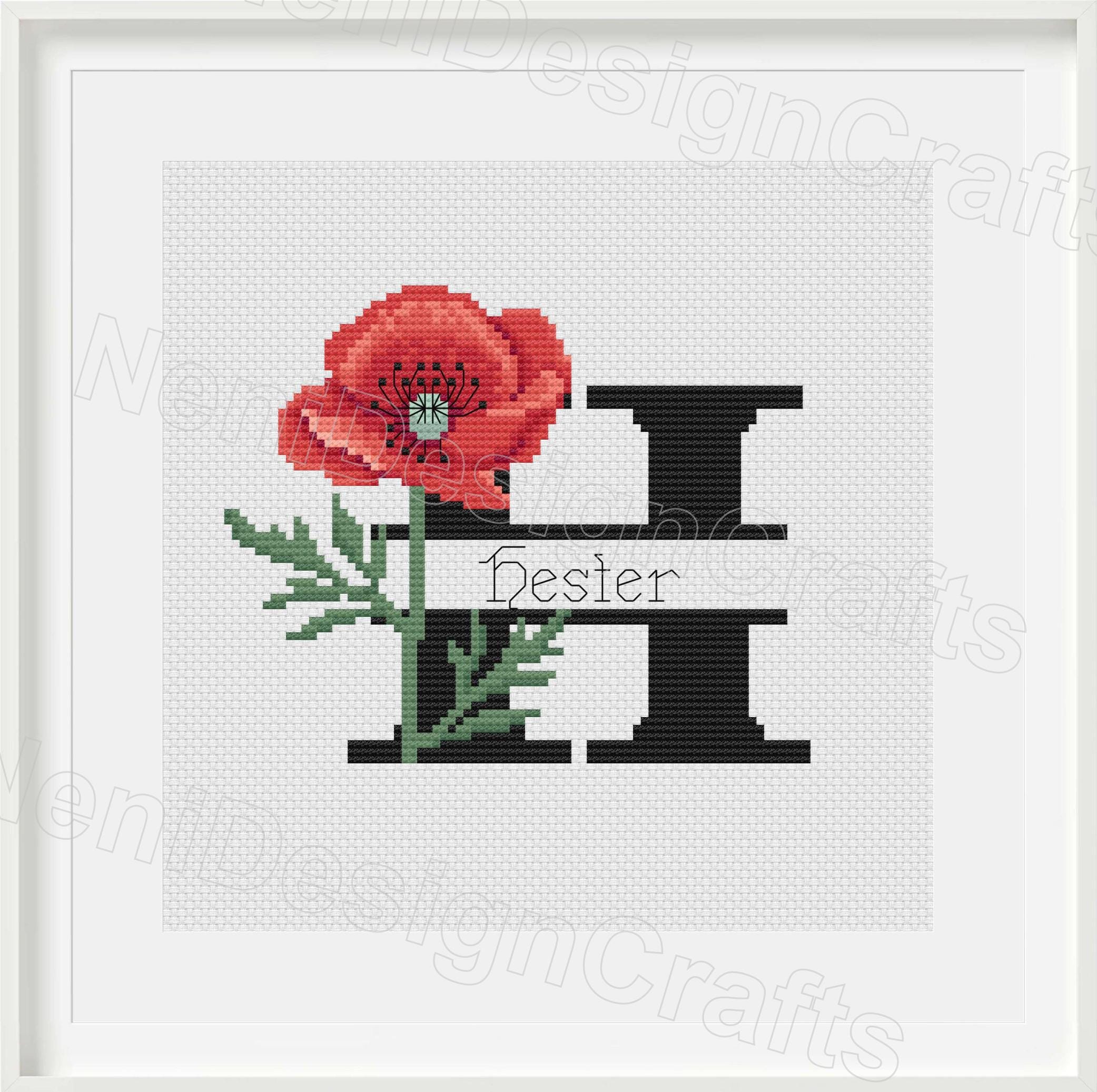 Floral Letter H Cross Stitch Pattern: Alphabet Monogram, Poppy Flower ...