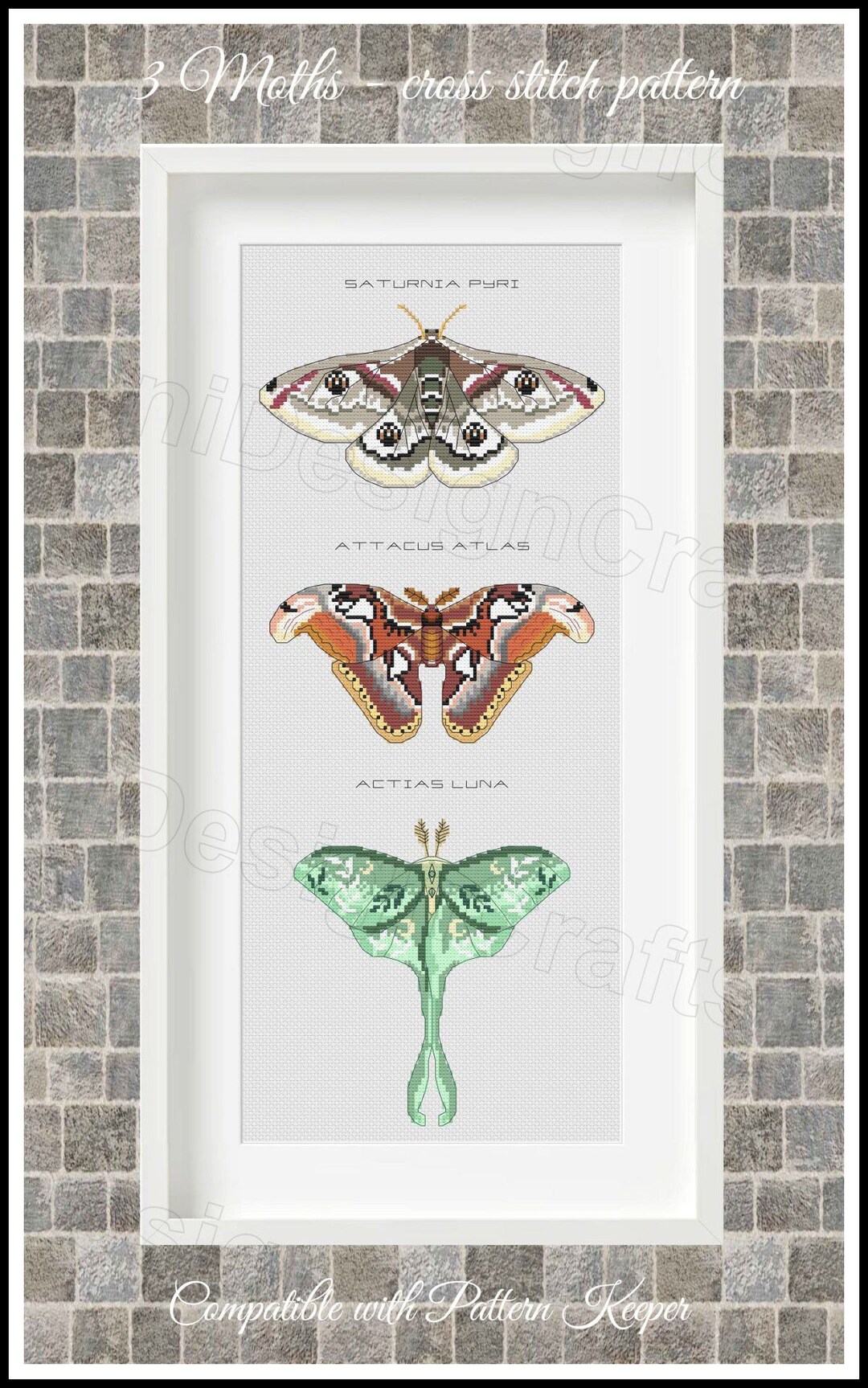 3 Moths Cross Stitch Pattern Emperor Moth Atlas Moth Luna Moth Home ...