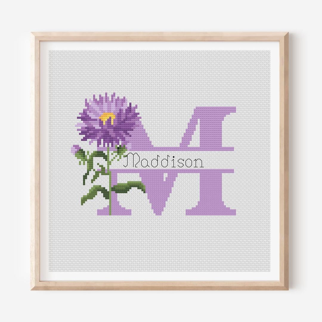 Letter M Cross Stitch Pattern, Aster Floral Initial Embroidery ...