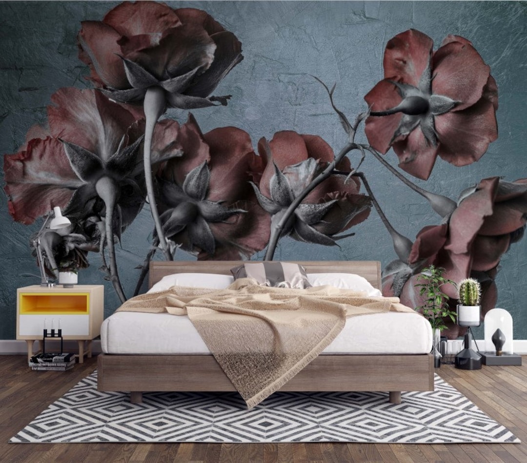 Realistic Floral Wallpaper / Red Rose Wall Murals / Dark Peel and Stick ...