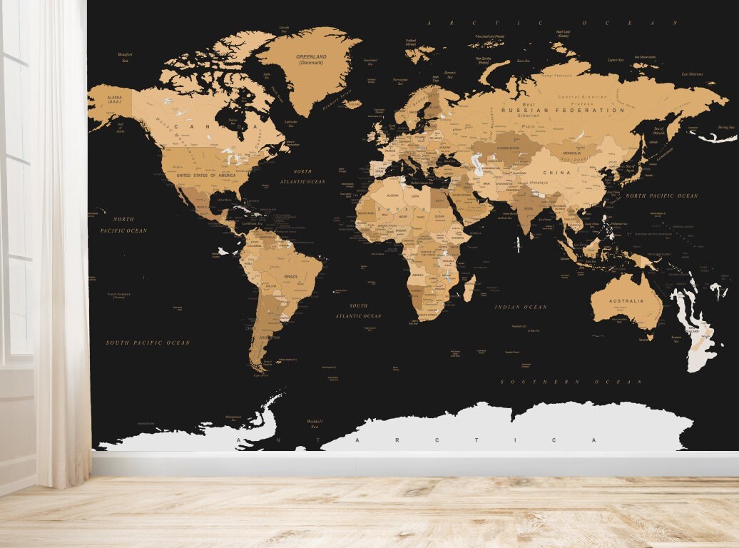 World Map Wallpaper / Cream Color Wallpaper / Dark Wallpaper / | Etsy