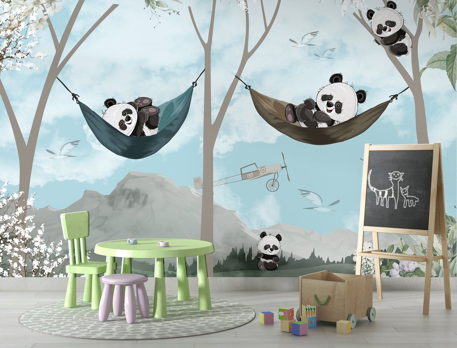 Cute Happy Baby Pandas Wallpaper / Panda Wallpaper / Blue White Sky ...