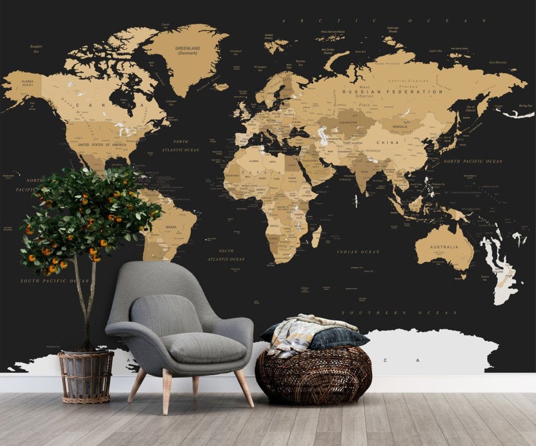 World Map Wallpaper / Cream Color Wallpaper / Dark Wallpaper / Peel ...