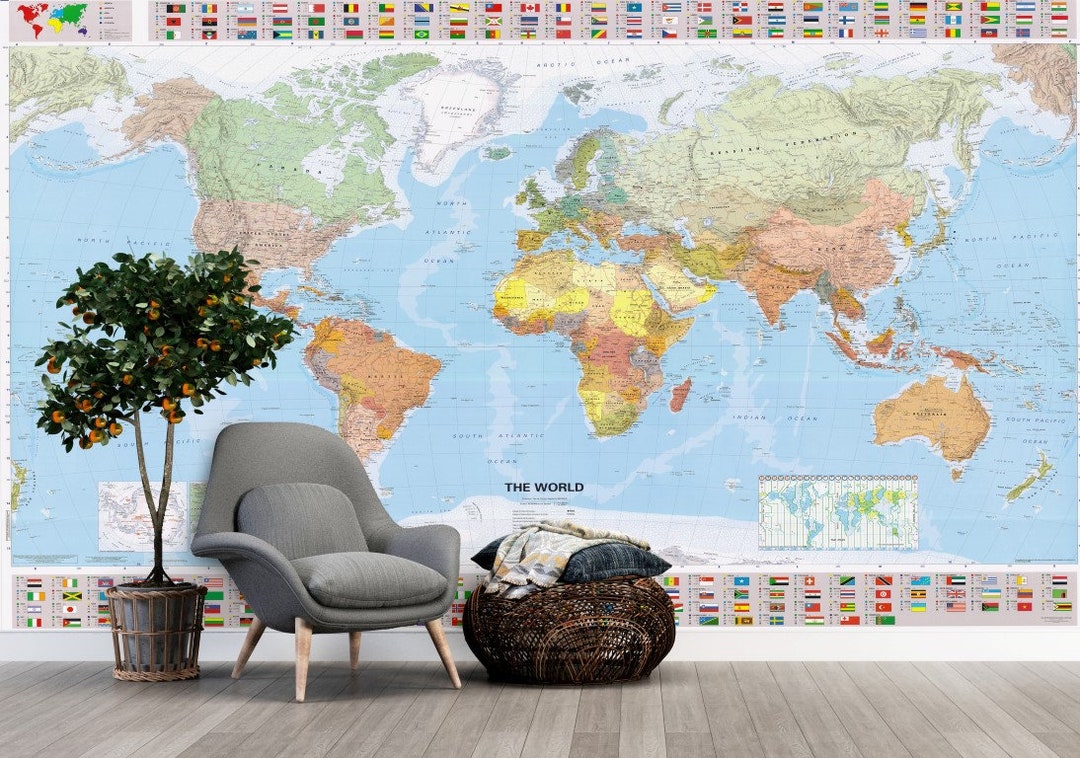 Classic World Map Wallpaper / Detailed Map Wallpaper / Colorful ...