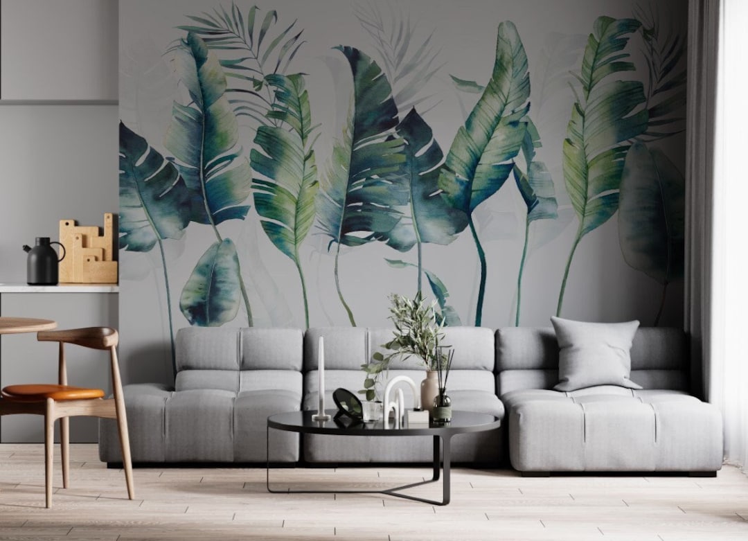 Big Green Leaves Wallpaper / Watercolor Floral Peel and Stick Wallpaper ...