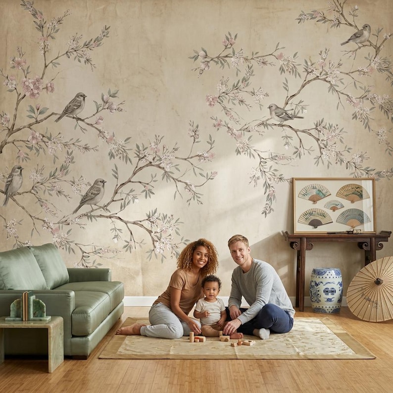 Bird Wallpaper for Bedroom With Victorian Blossom Branches - Etsy