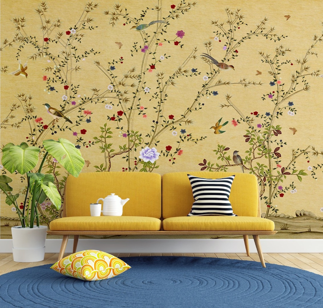 Chirping Birds on Saplings Wall Mural Wallpaper / Luxury Peel and Stick ...