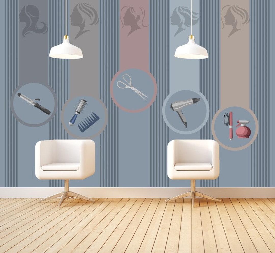 Buy Woman Hairdresser Wallpaper / Blue Wallpaper / Striped Wallpaper ...