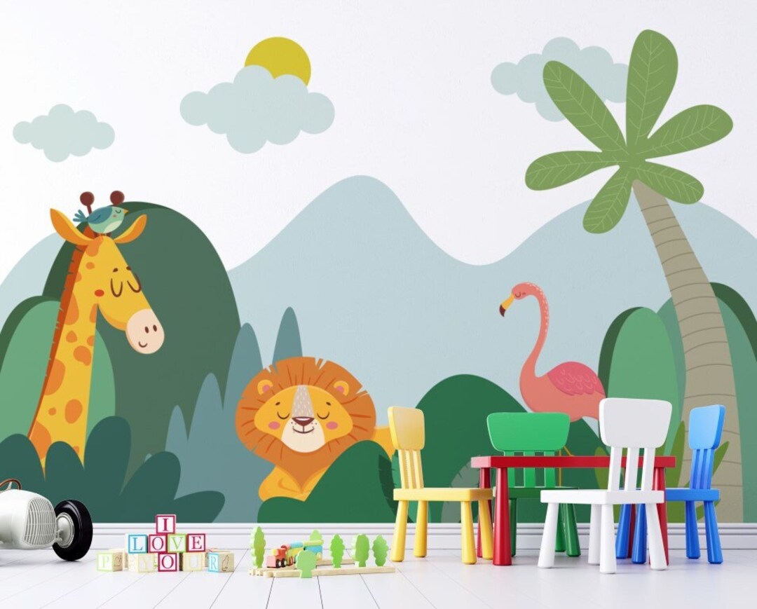 Giraffe Leon Flamingo and Mountains Funny Wallpaper Nursery Wall Decor ...