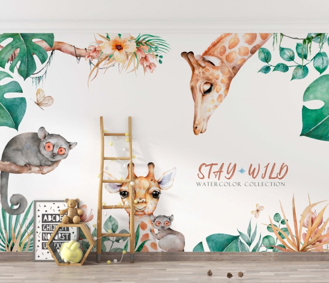 Hand Drawn Watercolor Cute Giraffe Wallpaper / Tropical Leaves ...