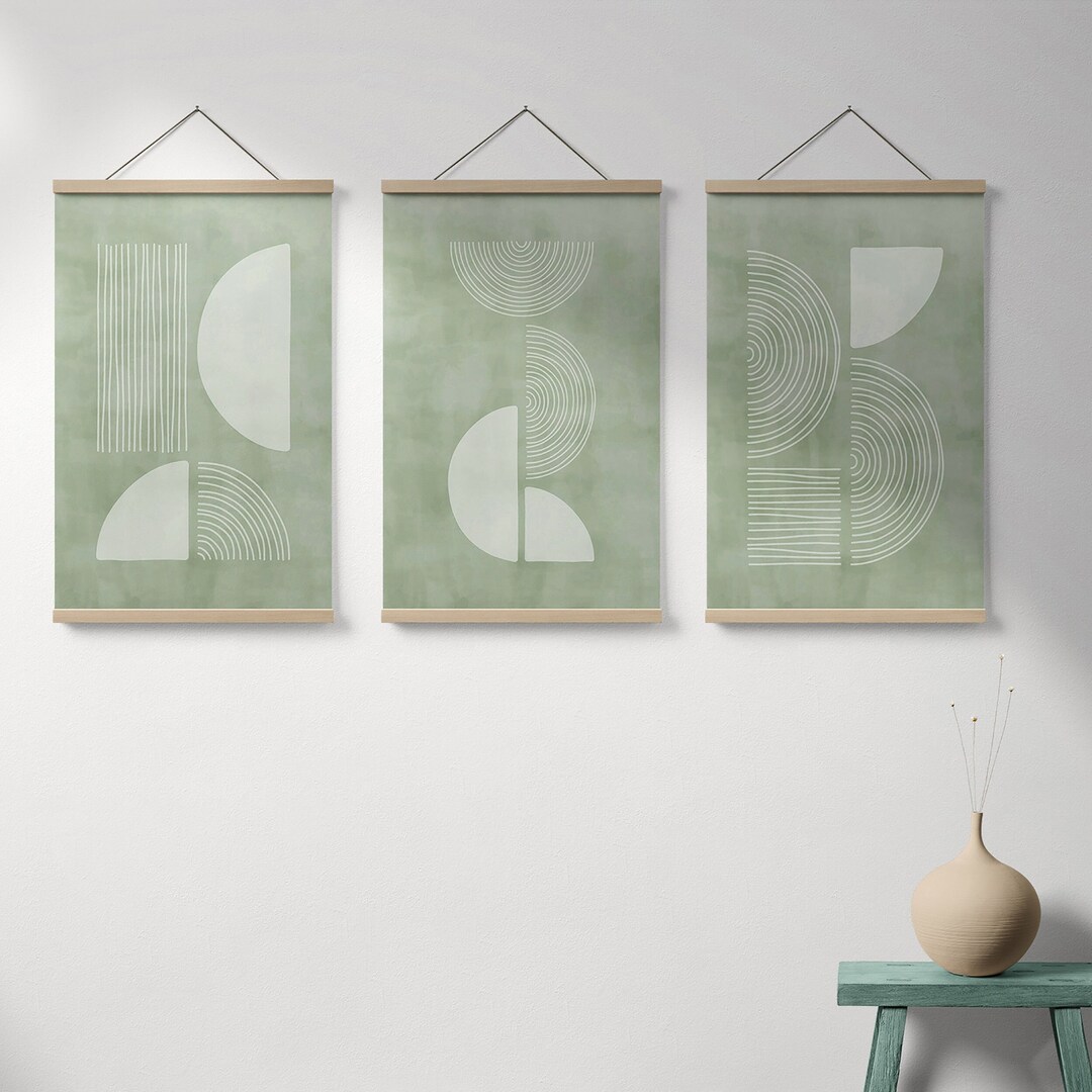 Geometric Poster Green Background Semicircle Wall Art 3 Set Hanging ...